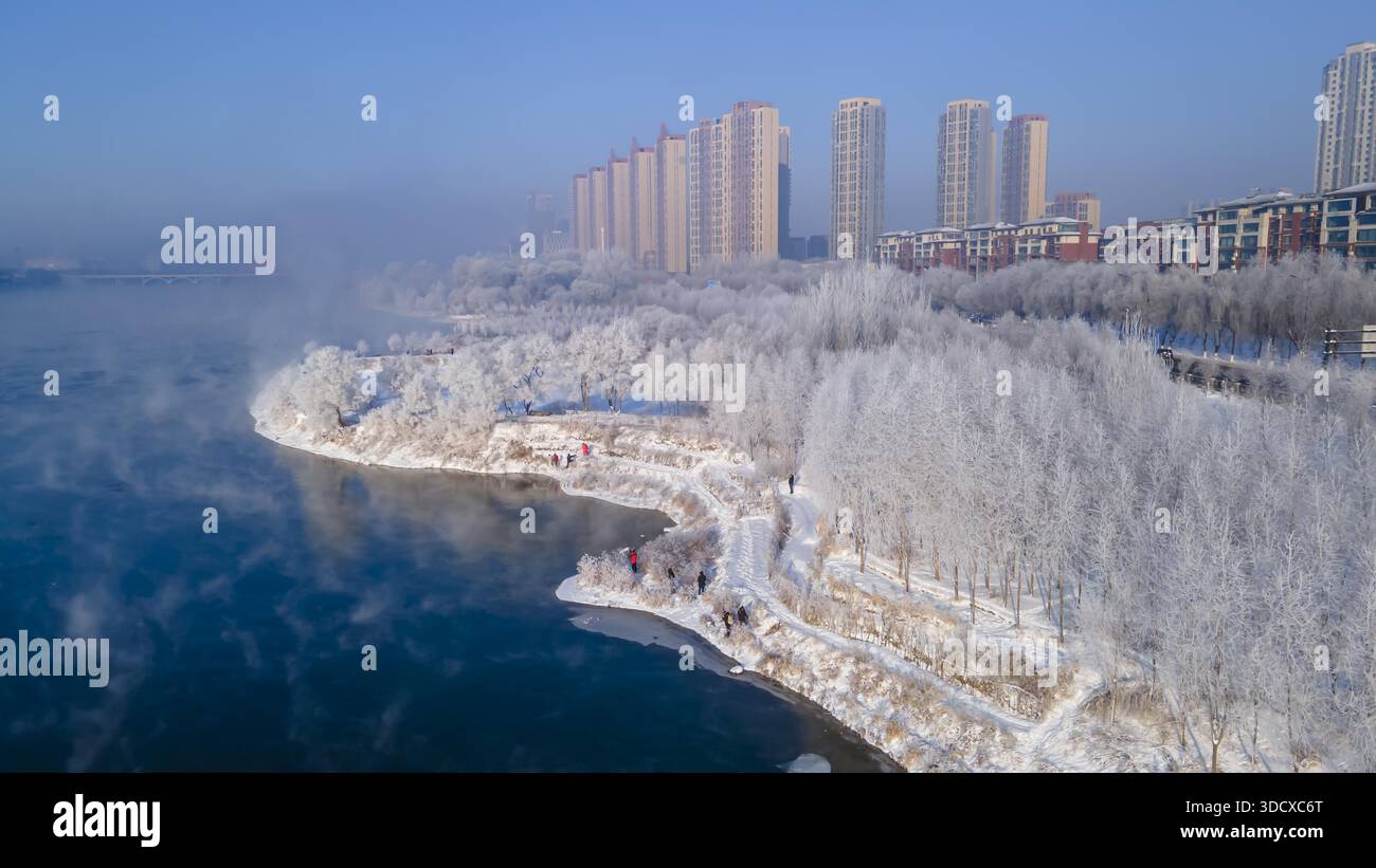 A rime spectacle adorns the banks of Songhua River in Jilin City ...