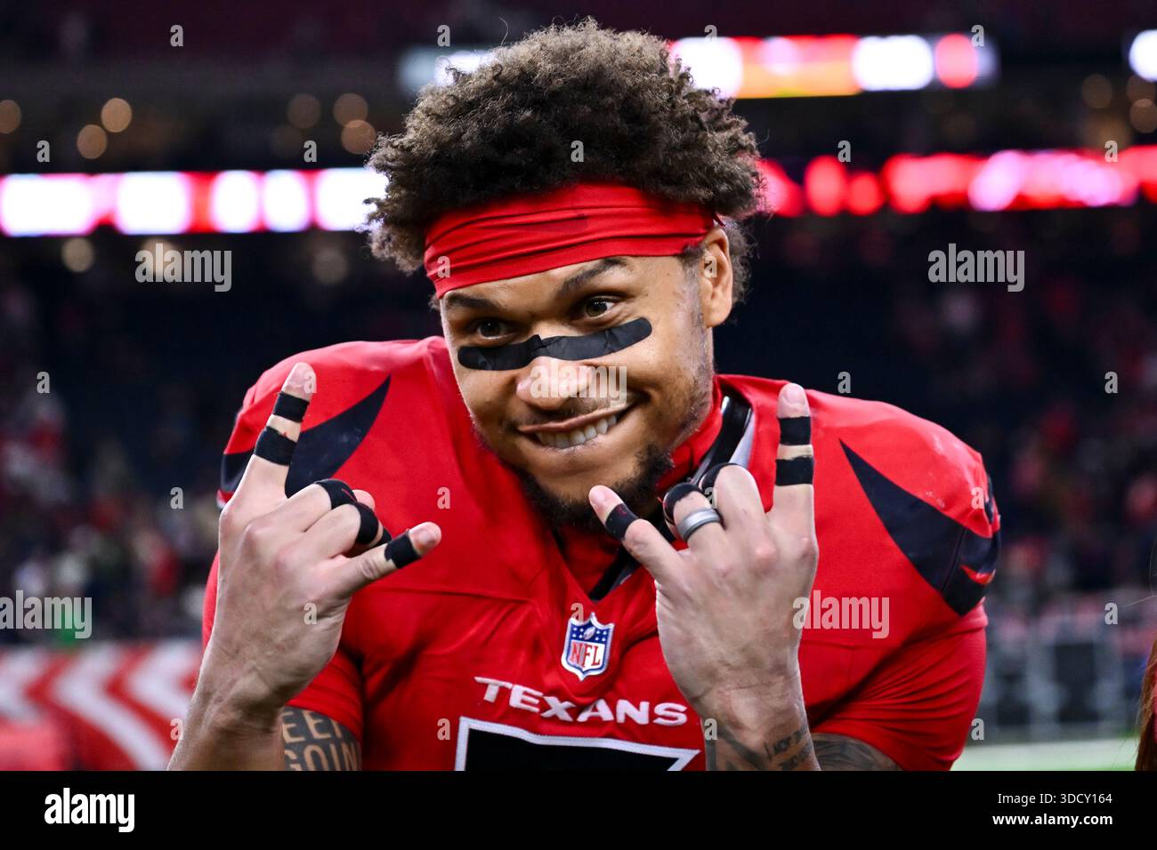 Houston Texans safety Jalen Pitre (5) reacts after an NFL football game ...