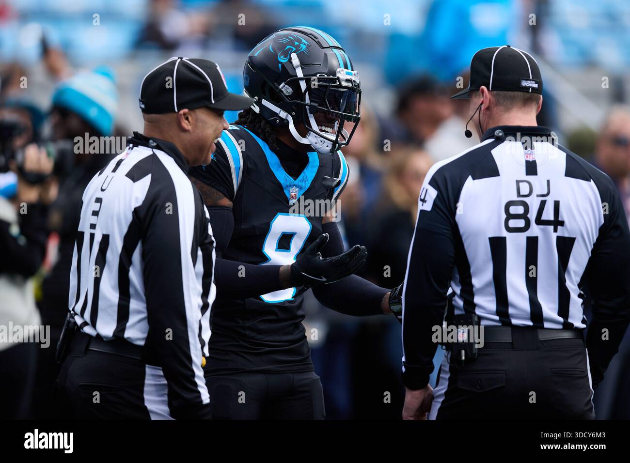 Carolina Panthers cornerback Jaycee Horn (8) shares a laugh with down ...