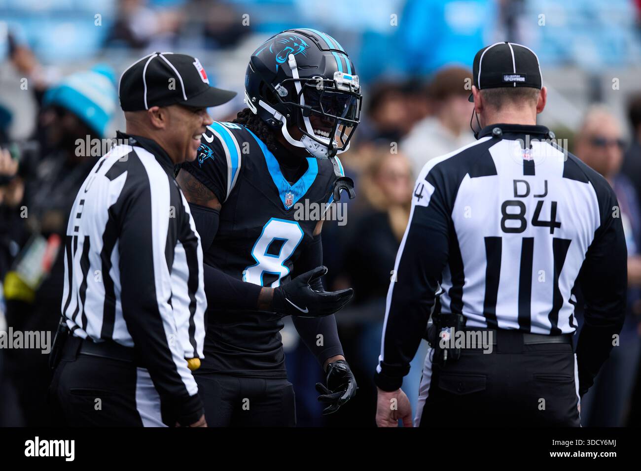 Carolina Panthers cornerback Jaycee Horn (8) shares a laugh with down ...