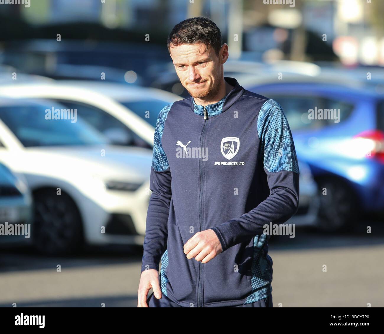 Liam Mandeville of Chesterfield arrives ahead of the Sky Bet League 2 ...