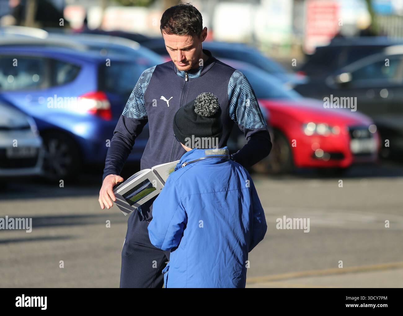 Liam Mandeville of Chesterfield arrives ahead of the Sky Bet League 2 ...