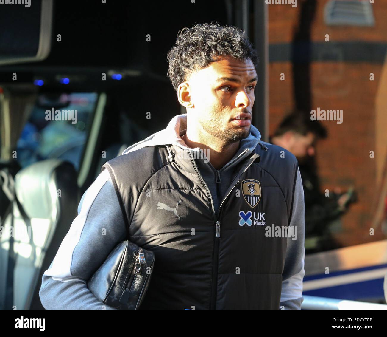 Jacob Bedeau of Notts County arrives ahead of the Sky Bet League 2 ...