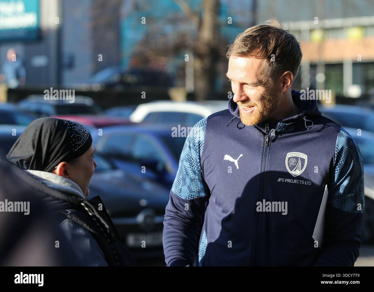 Jamie Grimes of Chesterfield arrives ahead of the Sky Bet League 2 ...