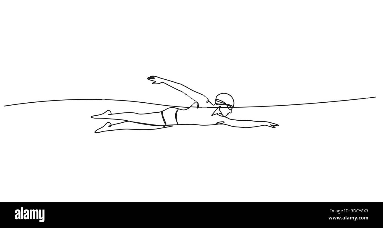 continuous single line drawing of freestyle swimmer in water, line art ...