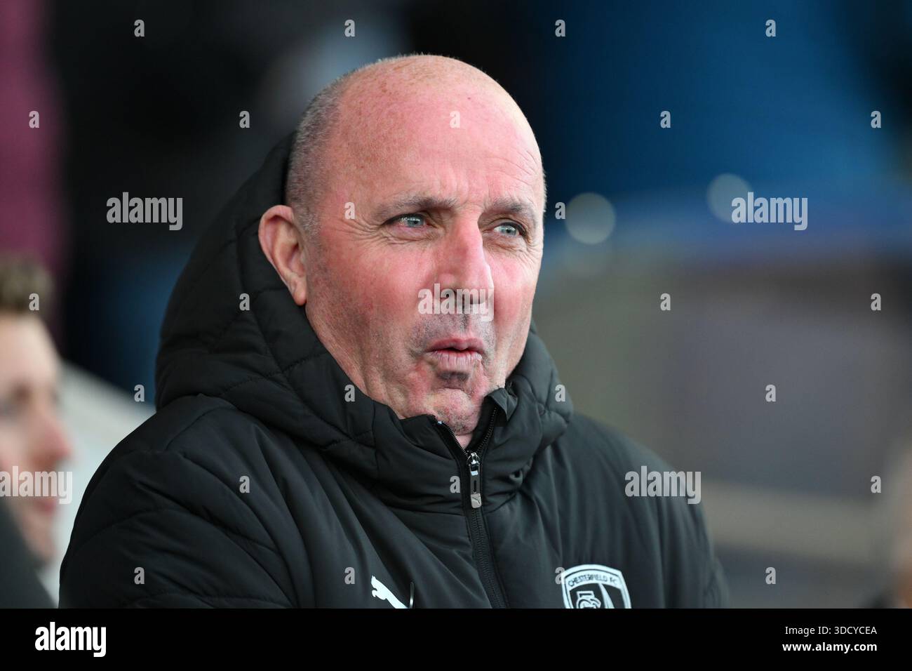 Paul Cook, manager of Chesterfield feels the cold during the Sky Bet ...