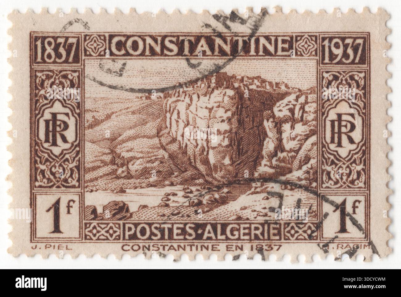 ALGERIA - 1937: 1 franc brown postage stamp depicting Constantine, the ...