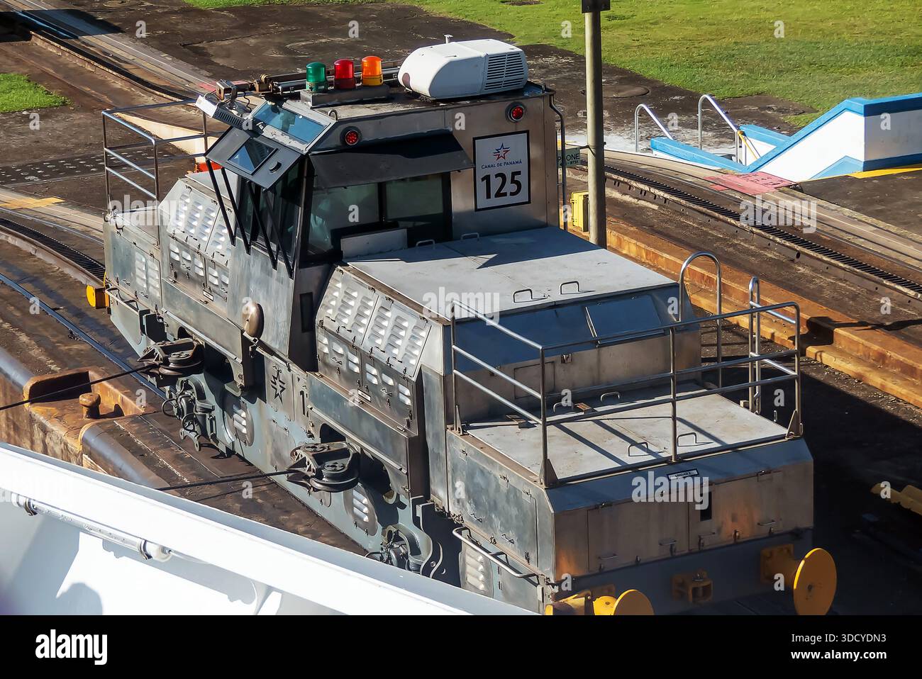 Transiting the Panama Canal: one of the 'Mules' at the Gatun Locks ...