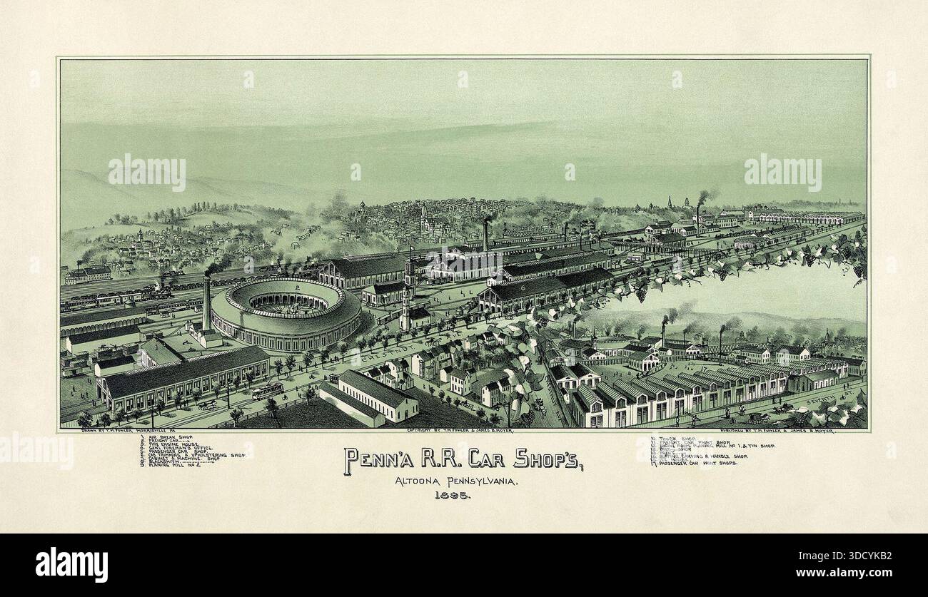 Historical bird’s-eye view illustration titled Penn’a R.R. Car Shop’s ...