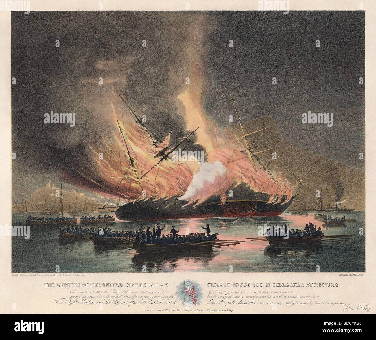 Historical illustration titled The Burning of the United States Steam ...