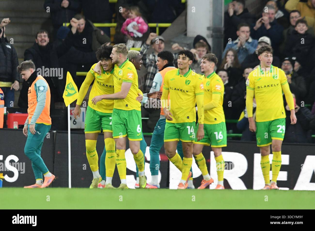 Norwich, England. 26th Dec 2025. Norwich City celebrate after Jovon ...