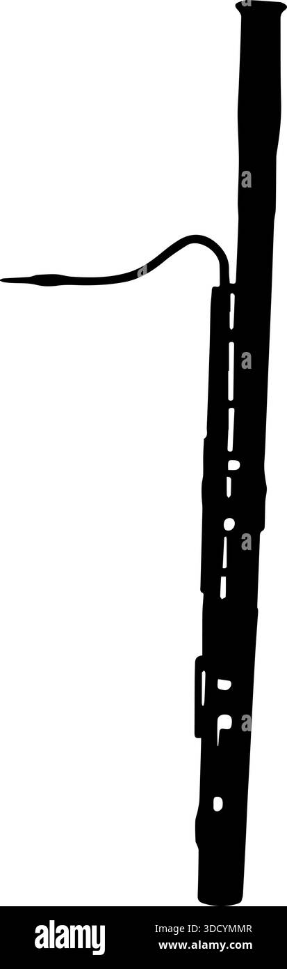 Bassoon silhouette with long narrow body, curved metal crook, and reed ...