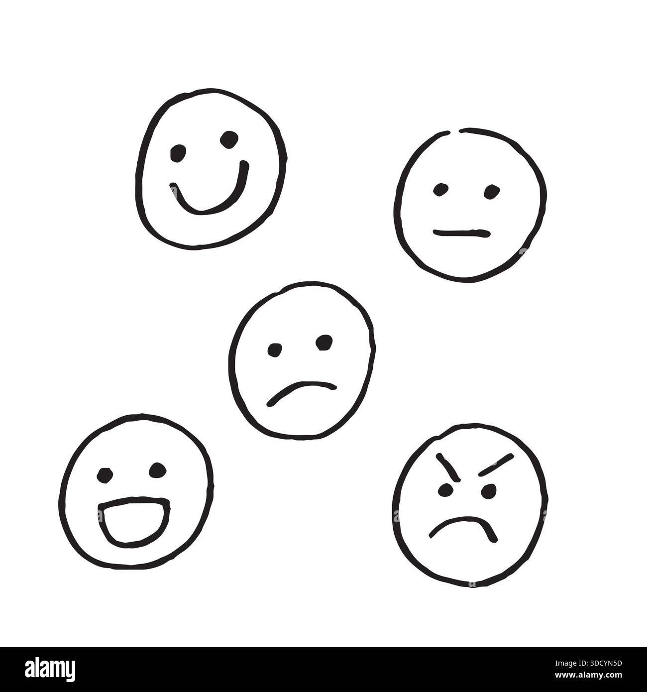 Hand drawn smiley faces doodles. Happy, sad and angry faces scribbles ...