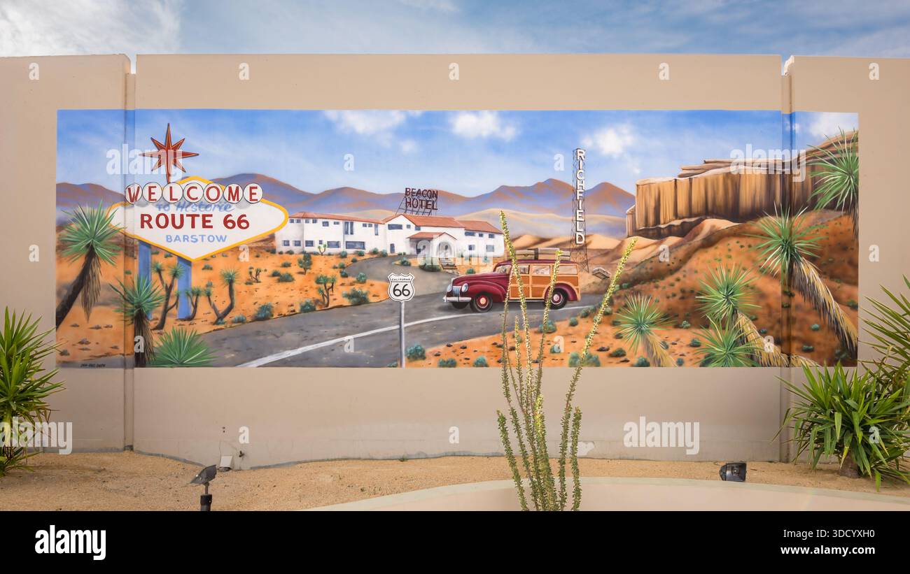 On ROUTE 66, "Welcome to Historic Route 66 Barstow" mural, Beacon Hotel ...