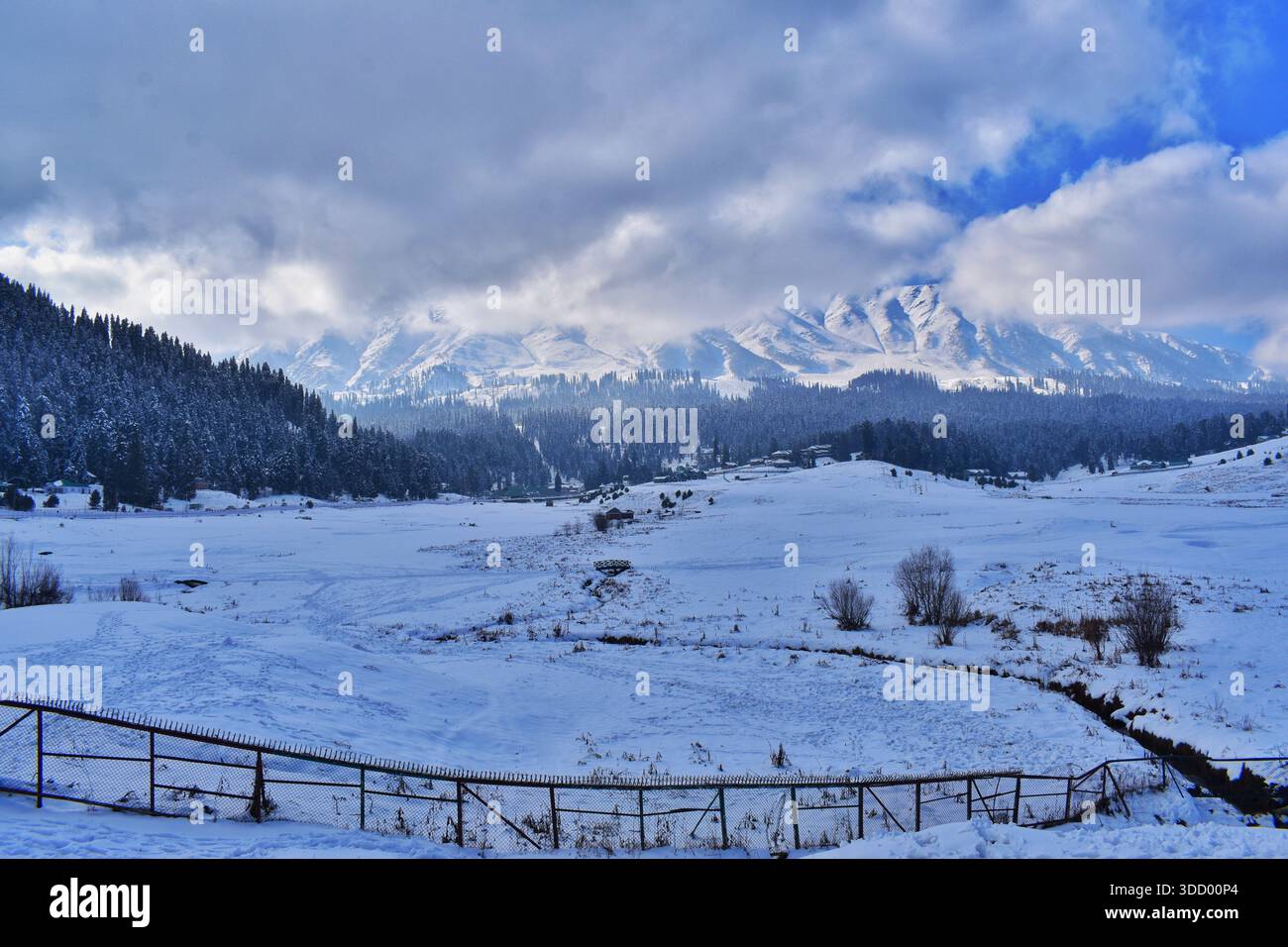 General view of snow-clad fields and mountains following seasonal ...