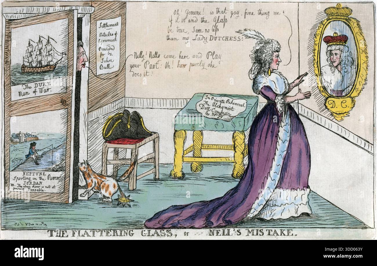 A humorous cartoon of The flattering glass or Nells mistake, 1791 18th ...