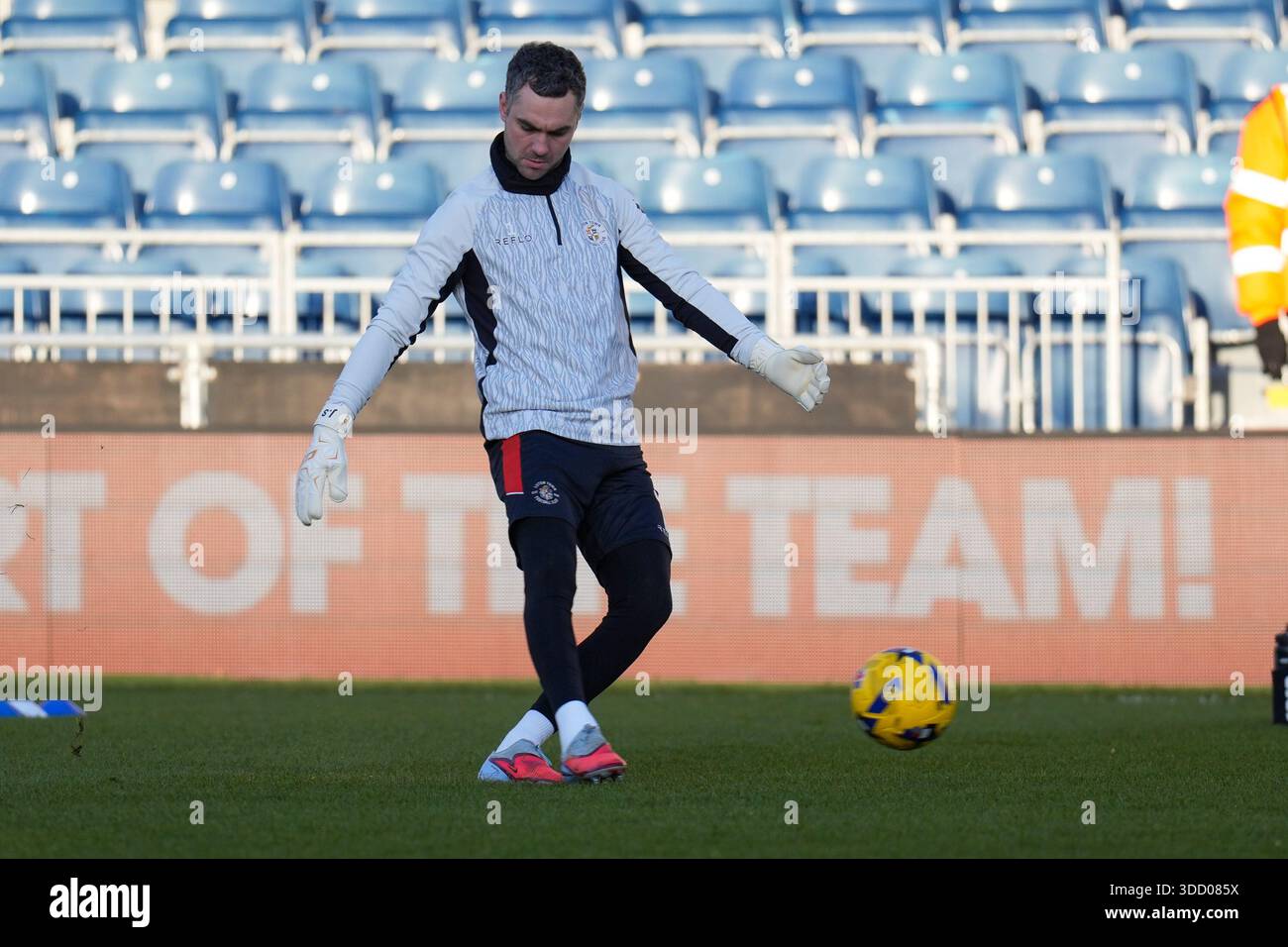 Goalkeeper James Shea (1) of Luton Town warms up ahead of the Sky Bet ...