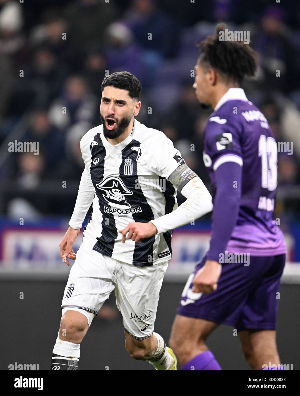 Charleroi's Aiham Ousou celebrates after scoring during a soccer match ...