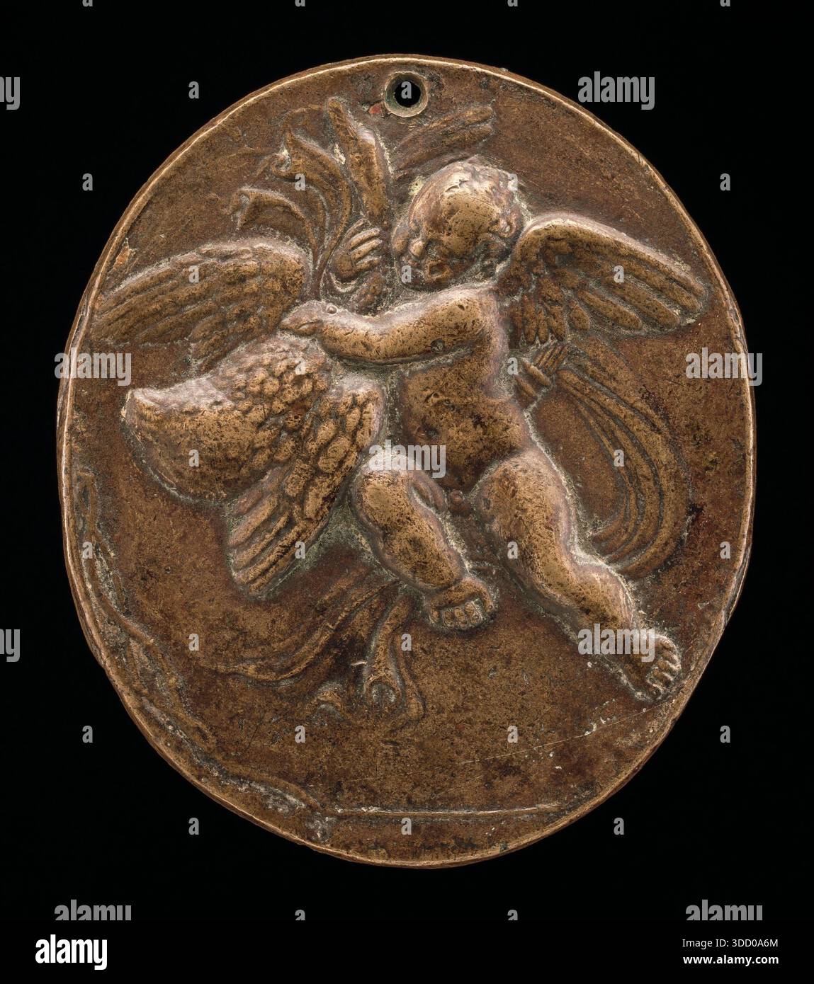 Historical bronze relief medallion depicting Cupid riding a swan ...