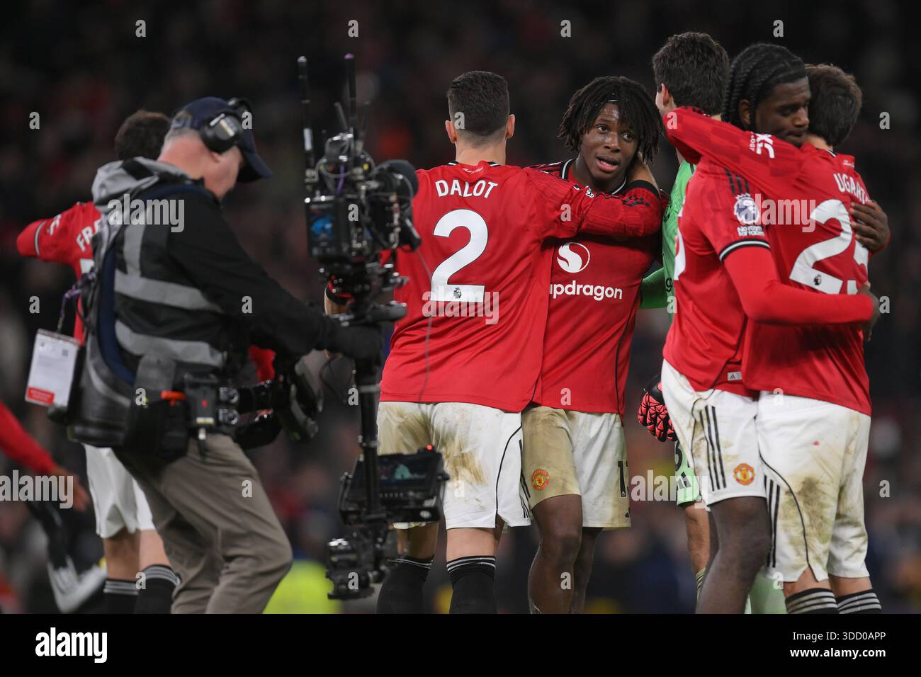 Manchester United's Patrick Dorgu and team mates at full time during ...