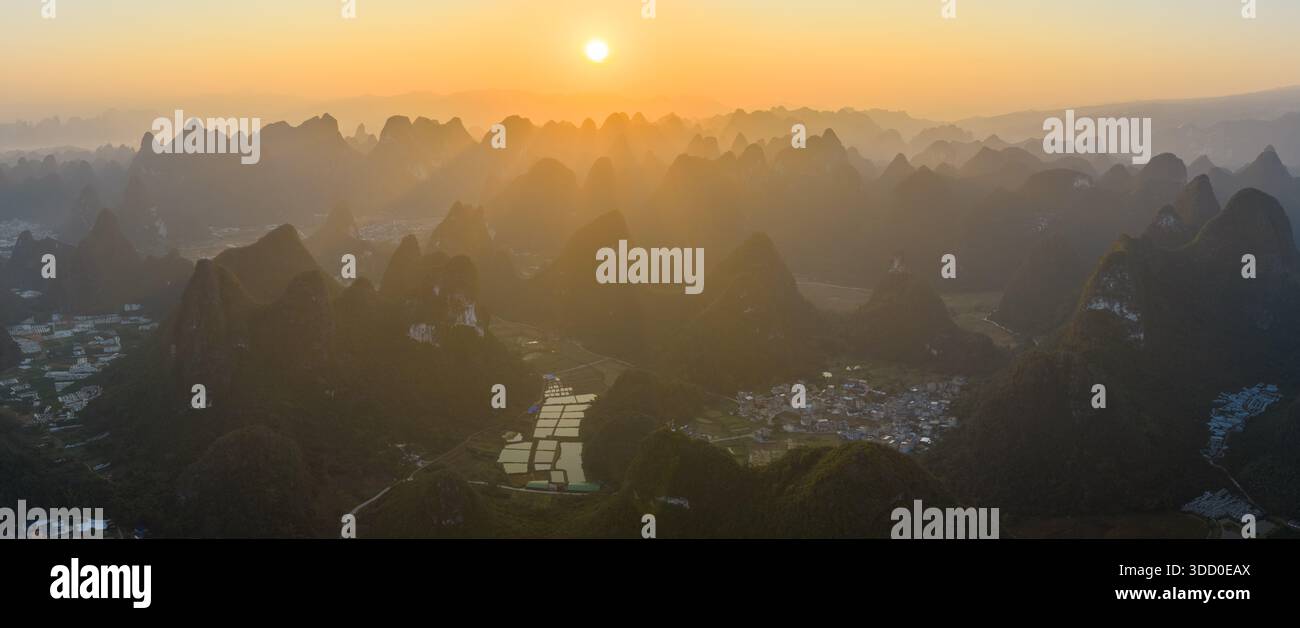 GUILIN, CHINA - DECEMBER 26, 2025 - Aerial view of karst peak forest ...