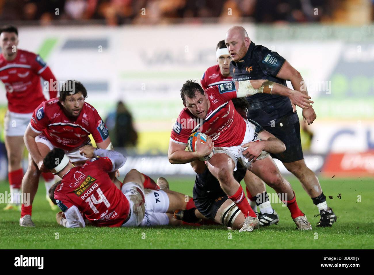 Ryan Elias of Scarlets is tackled. United Rugby Championship , Scarlets ...