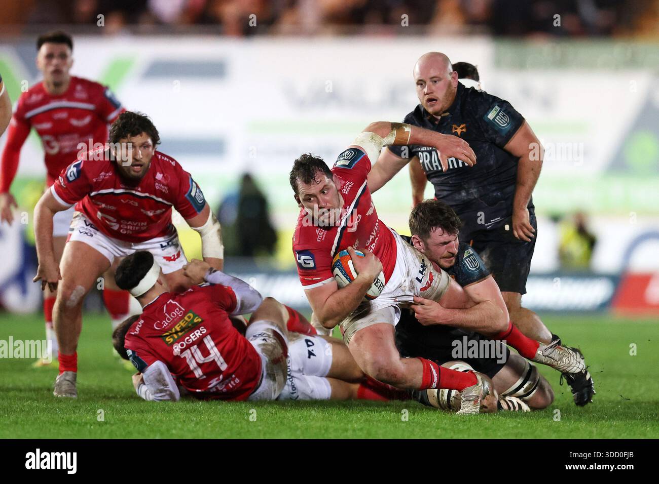 Ryan Elias of Scarlets is tackled. United Rugby Championship , Scarlets ...