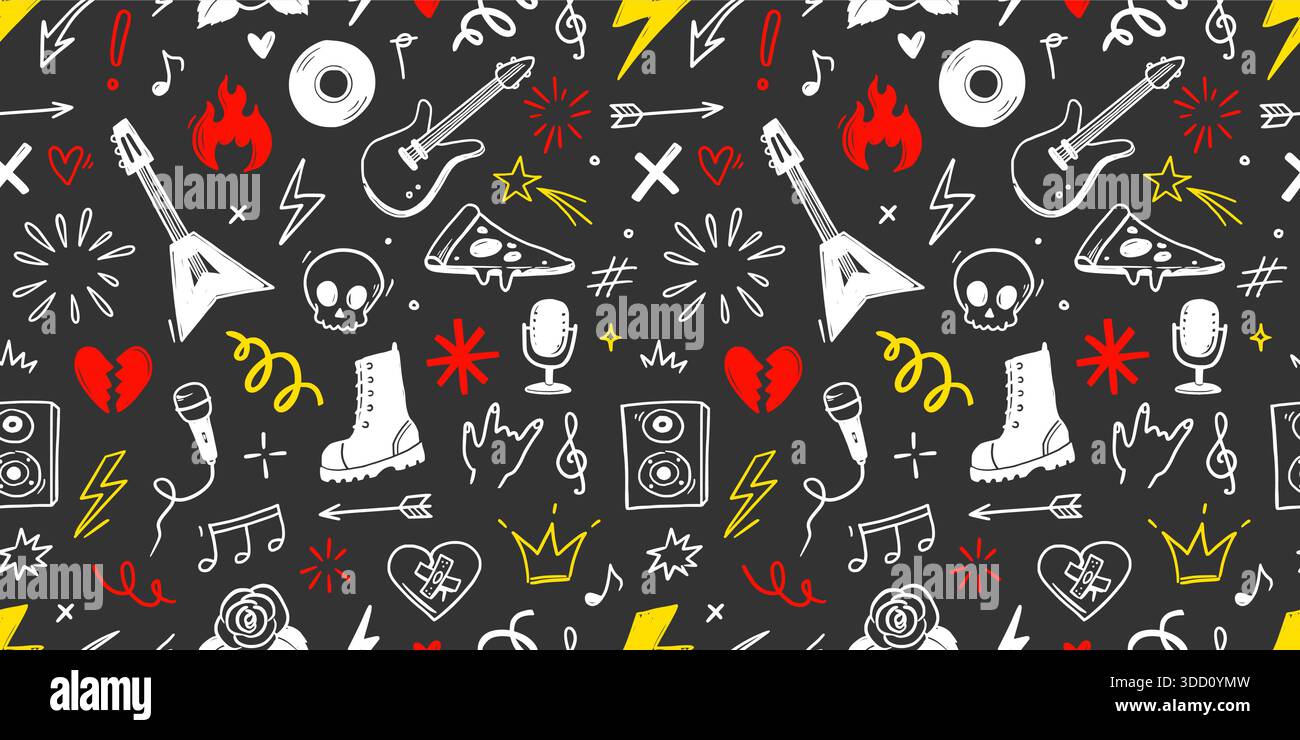 Rock music seamless pattern with guitar, skull, punk symbols. Hand ...