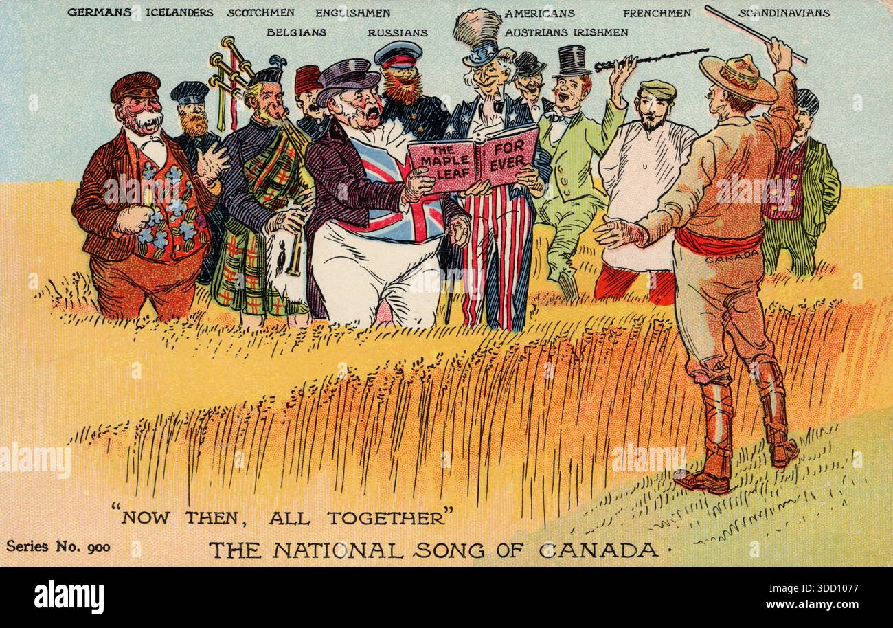 Color illustrated postcard depicting Jack Canuck conducting a ...