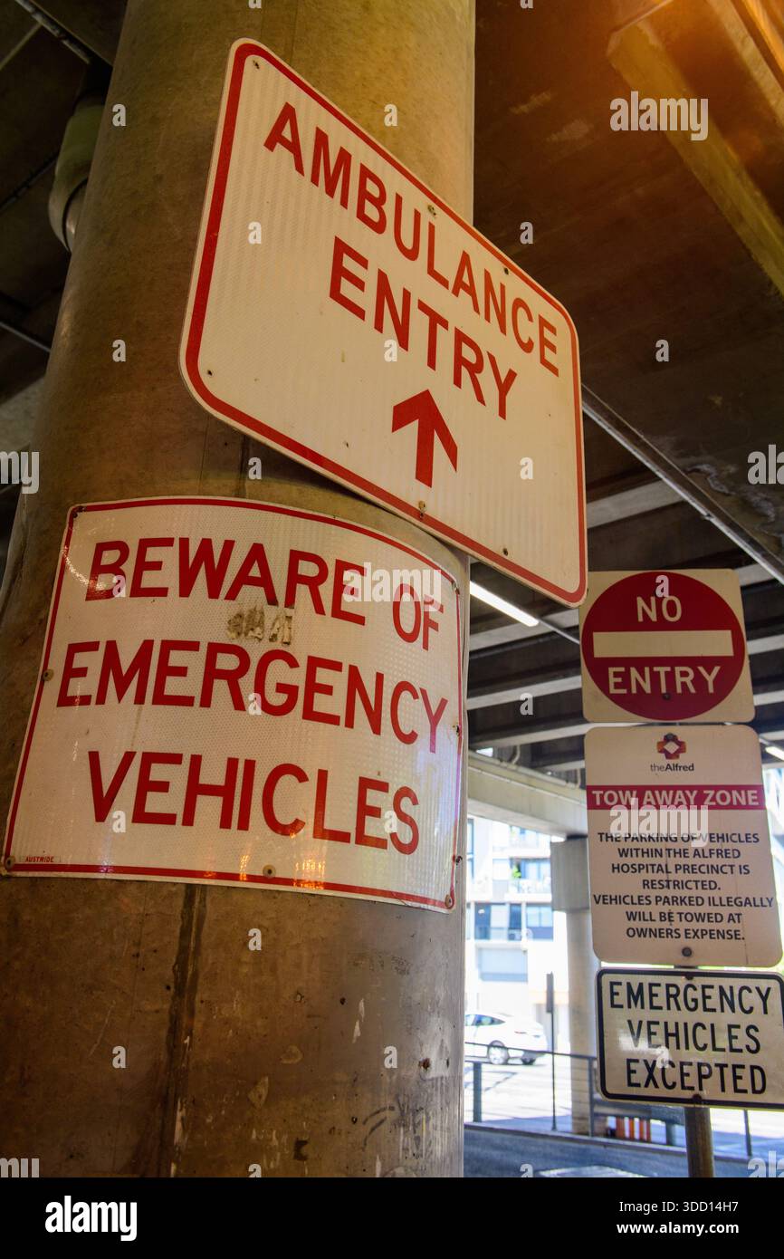 A generic photo of the signs for Ambulance entry at the Alfred Hospital ...