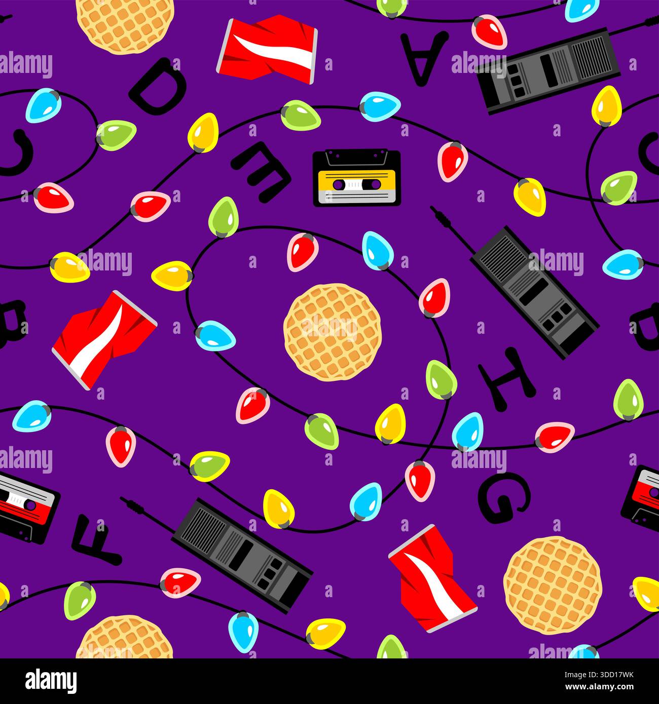 Seamless retro pattern with waffles, cassettes, walkie-talkies and ...
