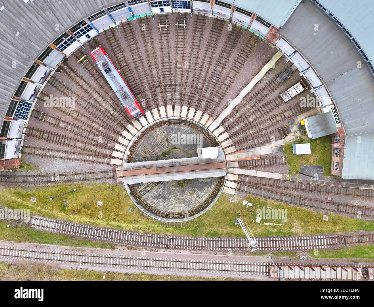 Aerial Top View of Railway Roundhouse with Turntable and Red Train ...