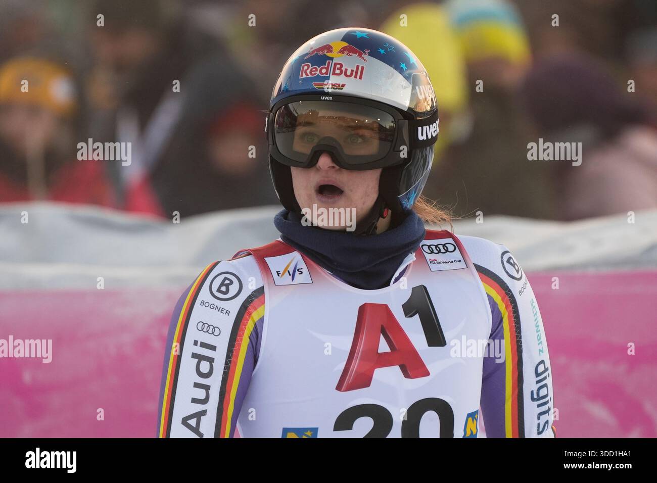 Germany's Emma Aicher reacts at the finish area of an alpine ski, women ...