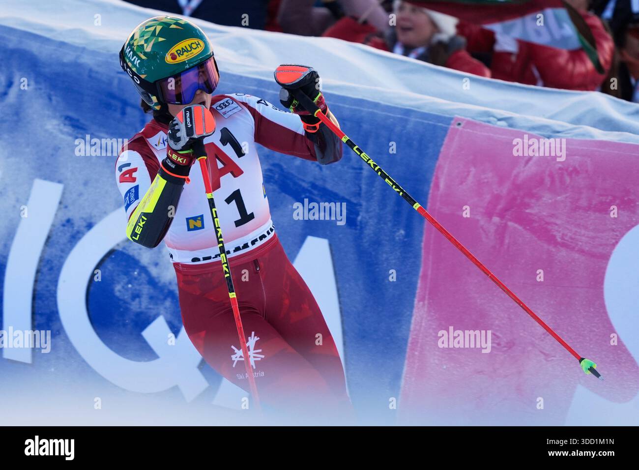 Austria's Julia Scheib celebrates at the finish area of an alpine ski ...