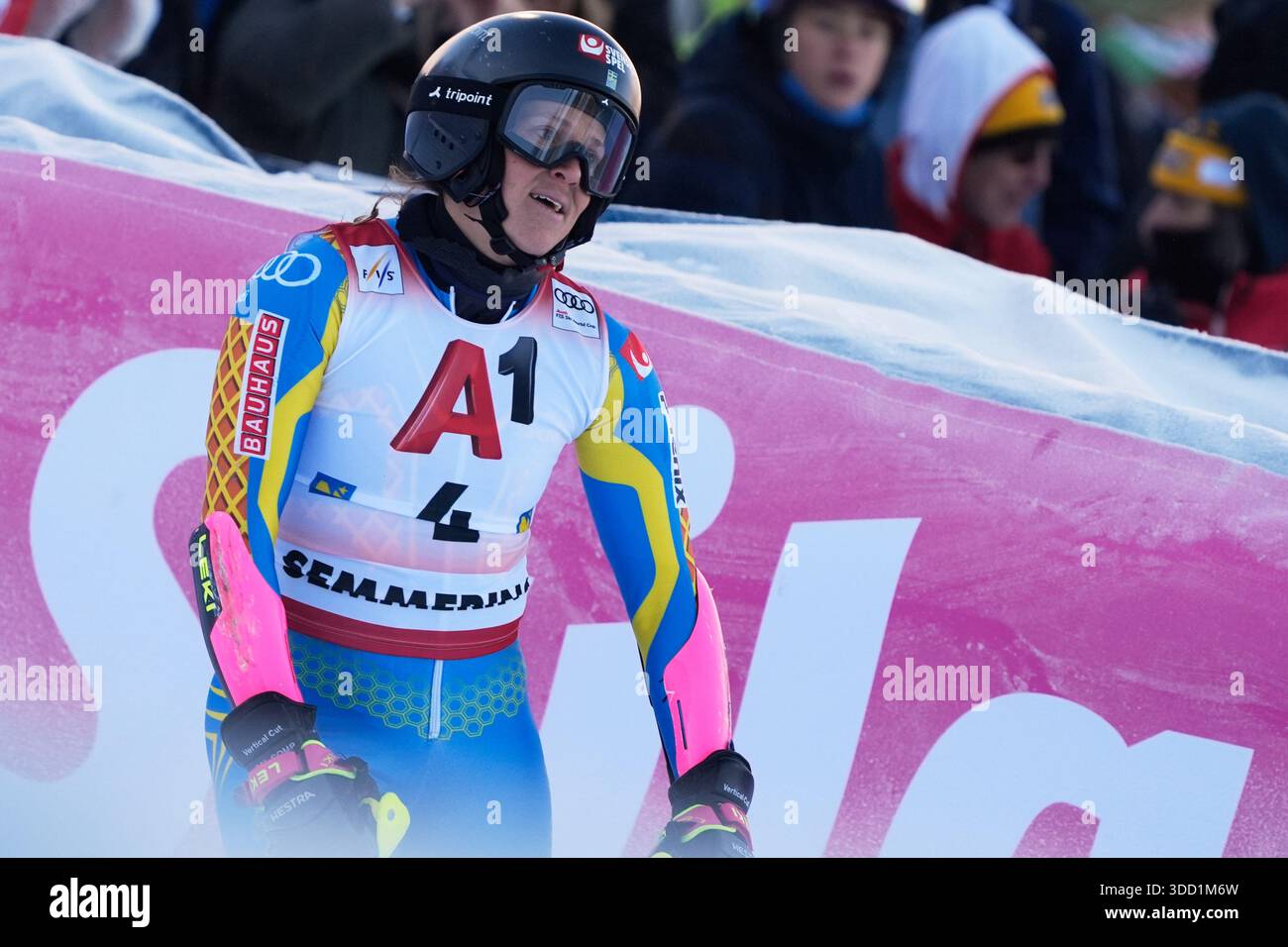 Sweden's Sara Hector reacts at the finish area of an alpine ski, women ...