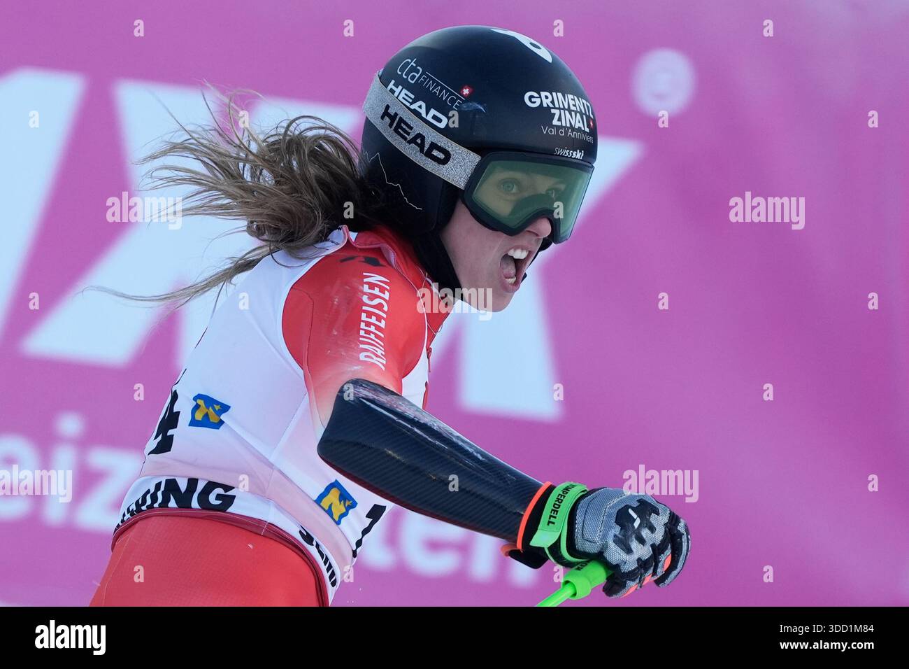 Switzerland's Camille Rast celebrates at the finish area of an alpine ...