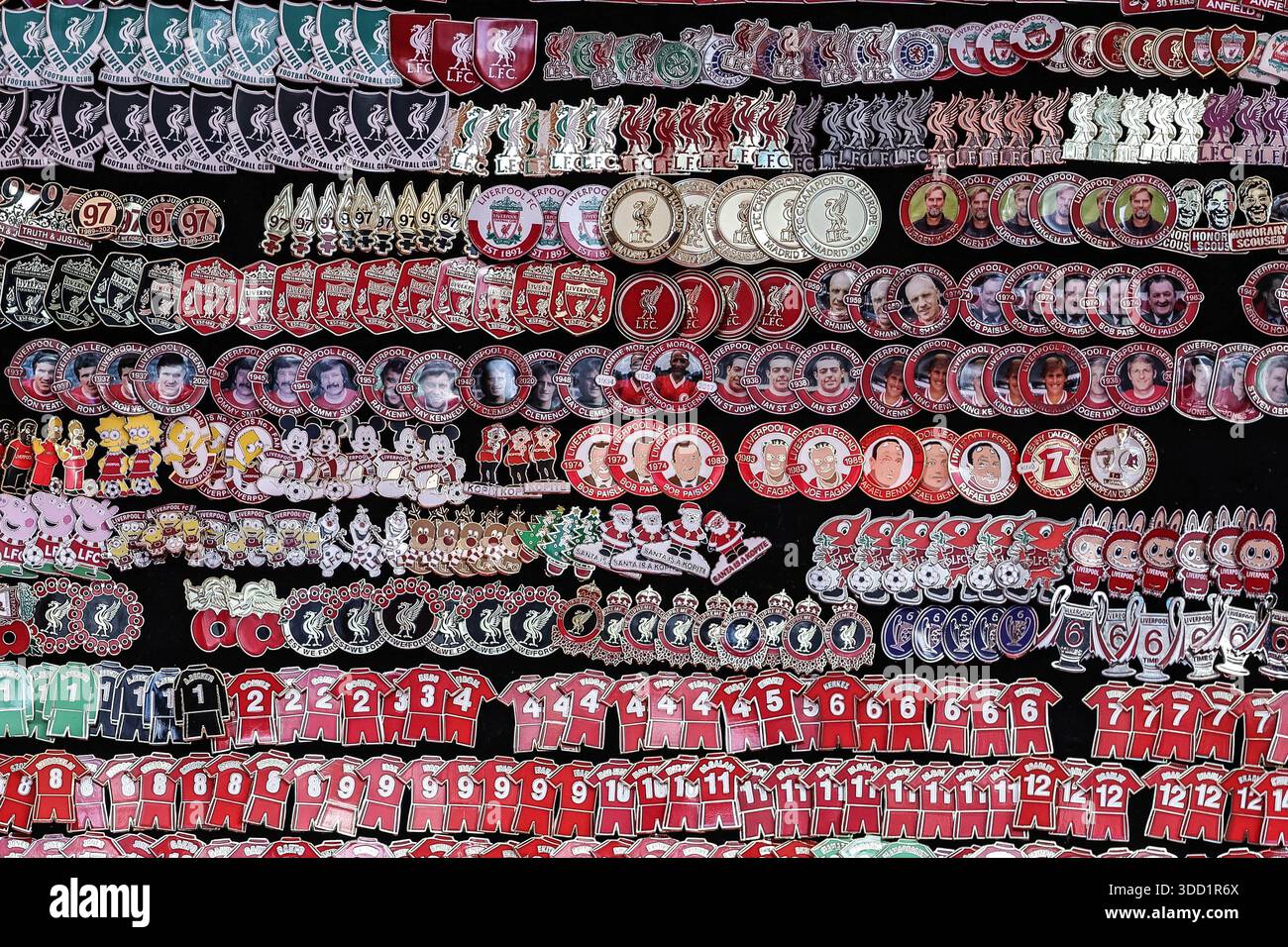 Liverpool pin badges on sale during the Premier League match Liverpool ...