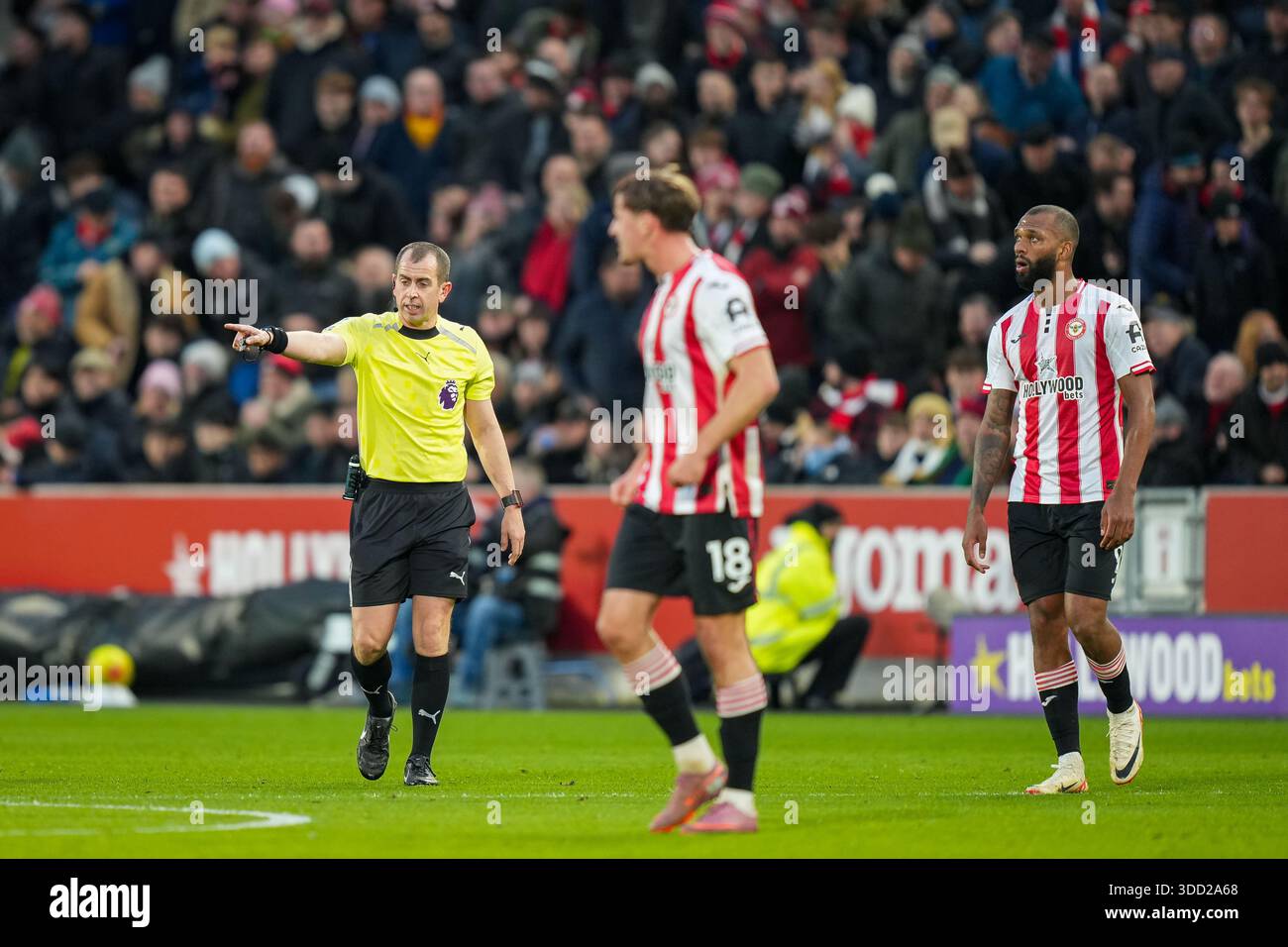 Referee Peter Bankes points to the goal after a brief VAR check as ...