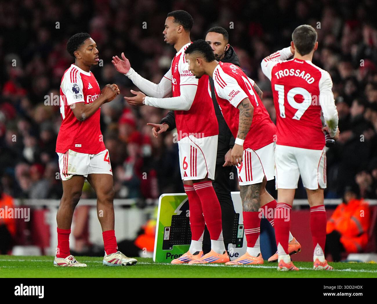 Arsenal's Gabriel (centre) is substituted on during the Premier League ...