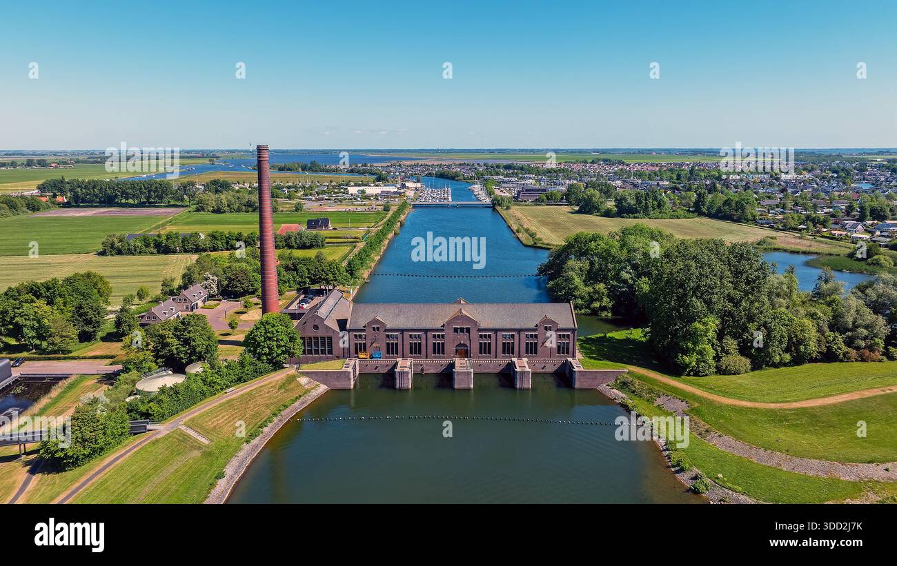 Aerial from the medieval Wouda pump station at the IJsselmeer in the ...