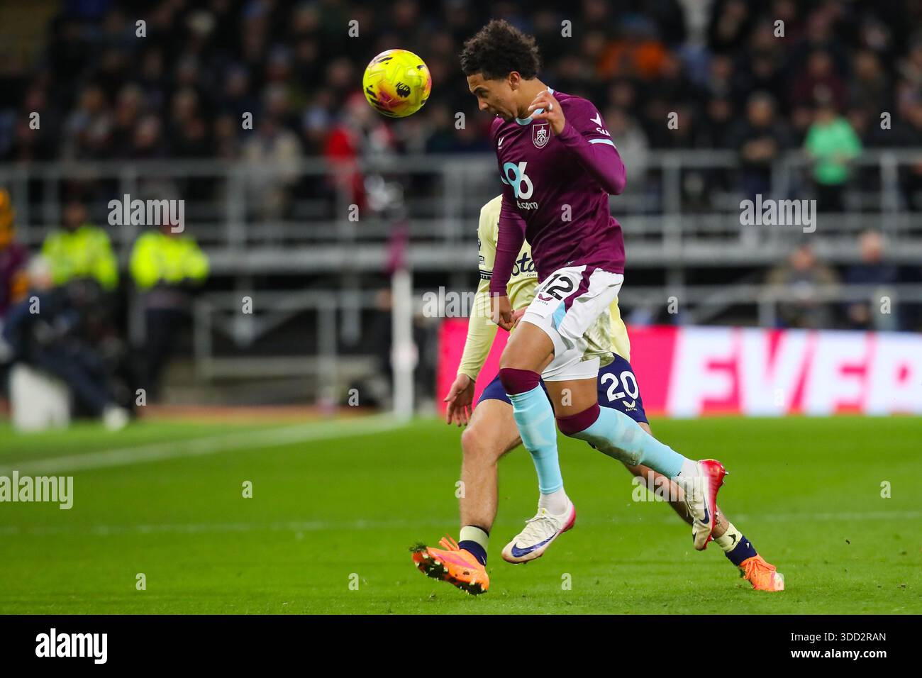 Bashir Humphreys Of Burley heads the ball during the Burnley v Everton ...