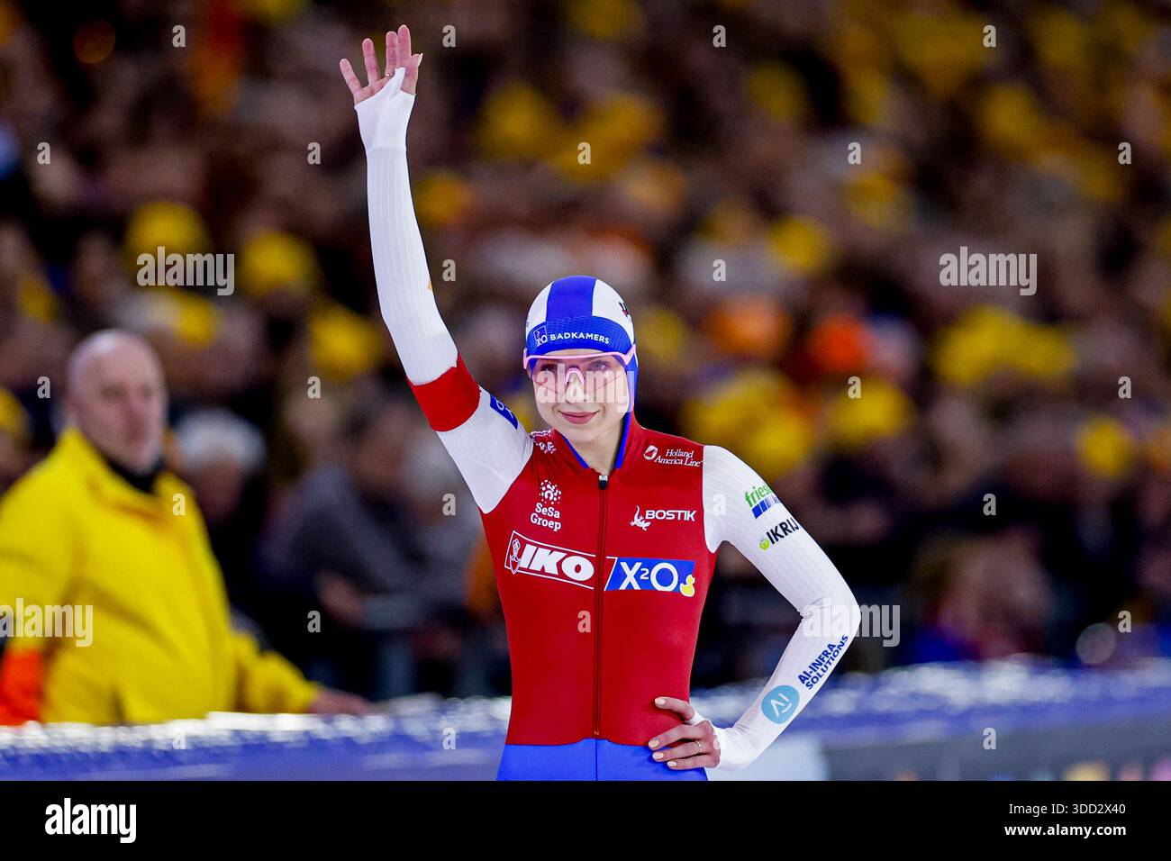 Joy Beune of Team IKO X2O wave before competing on the Women's 3000m on ...