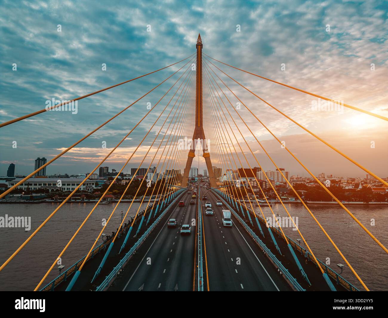 symmetric modern cable-stayed Rama VIII bridge over Chao Phraya river ...
