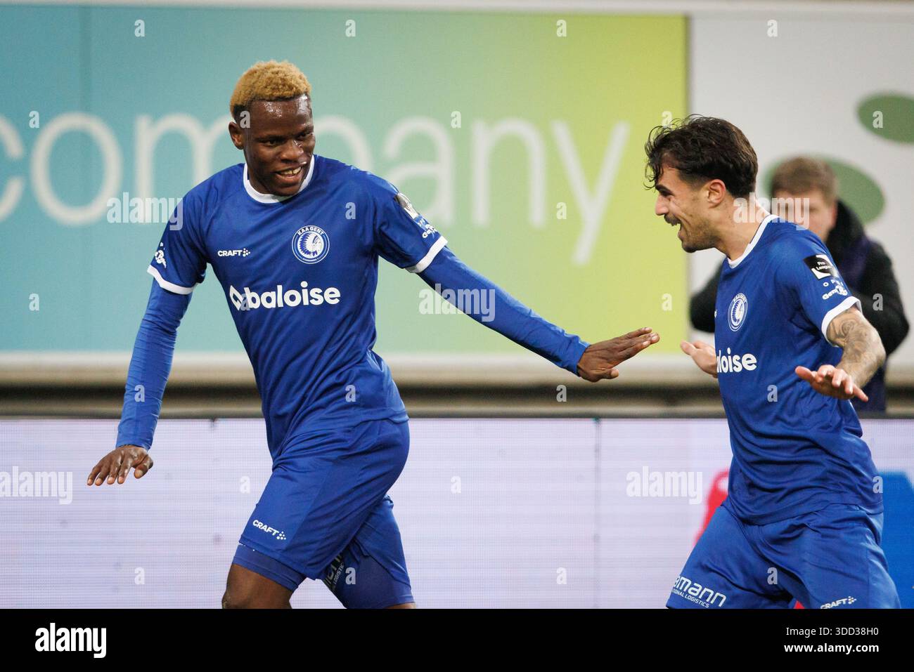 Gent's Hyllarion Goore celebrates after scoring during a soccer match ...
