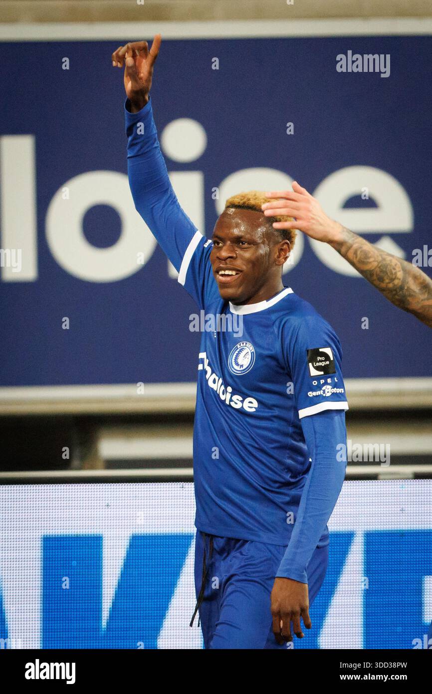 Gent's Hyllarion Goore celebrates after scoring during a soccer match ...