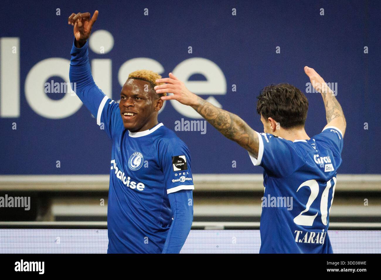 Gent's Hyllarion Goore celebrates after scoring during a soccer match ...