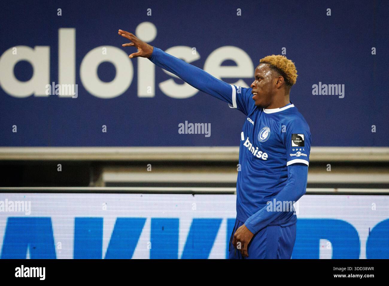 Gent's Hyllarion Goore celebrates after scoring during a soccer match ...