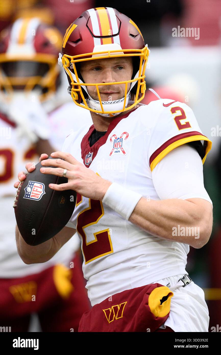 Washington Commanders quarterback Jeff Driskel (2) warms up before an ...