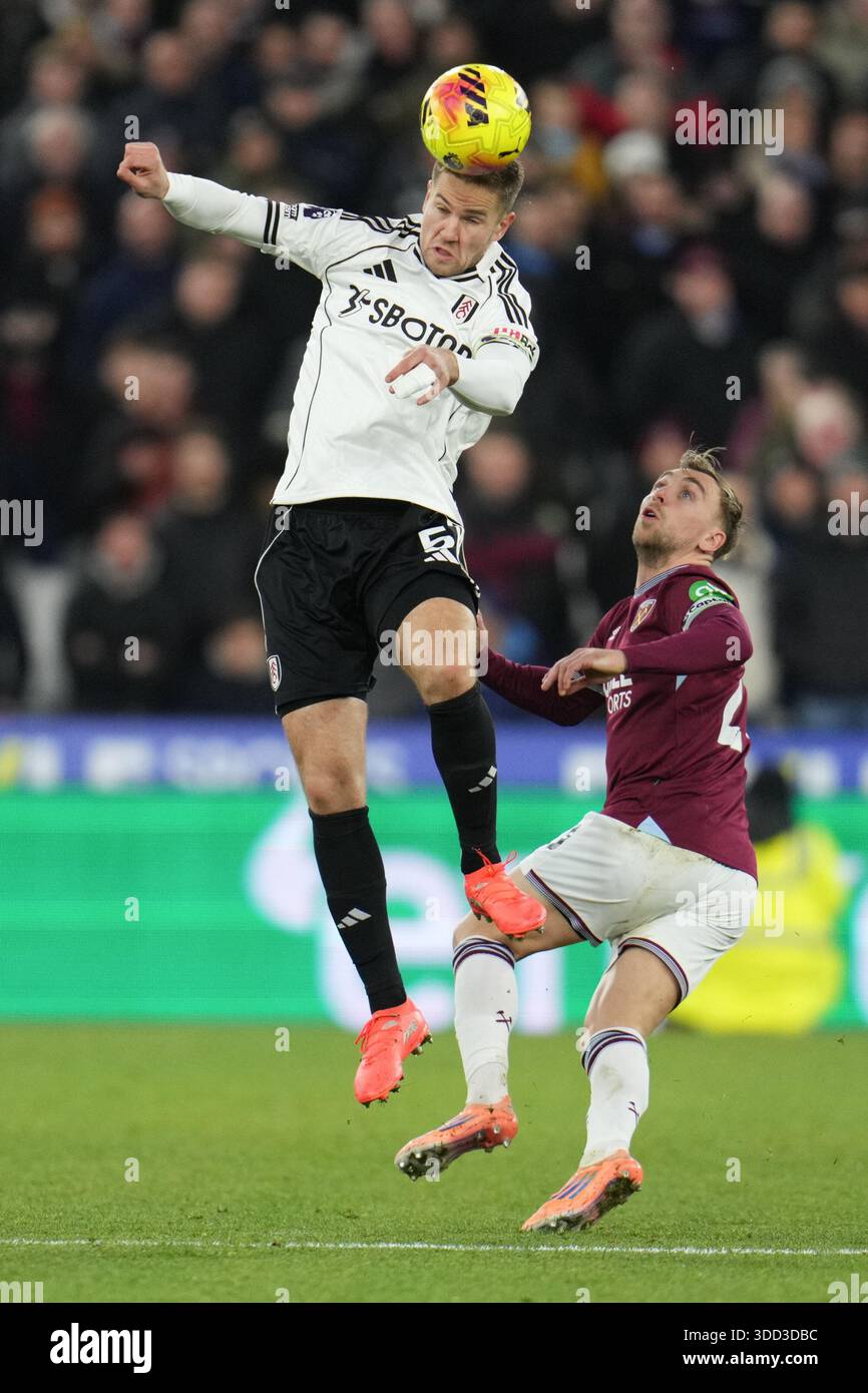 Joachim Andersen of Fulham wins header during the Premier League match ...