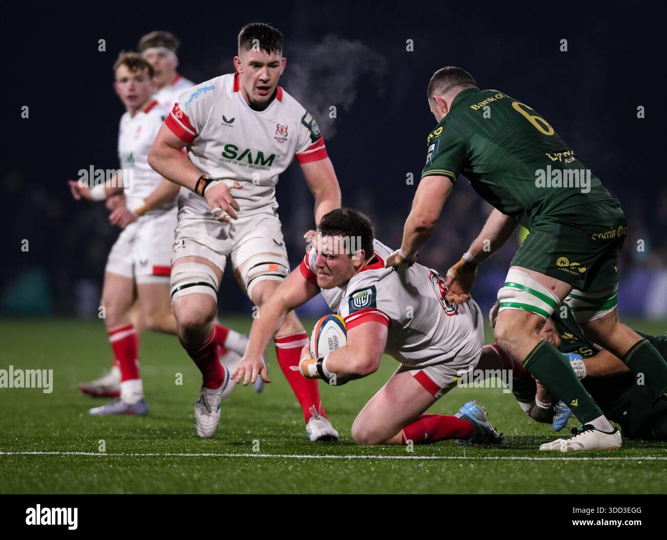 Galway, Ireland. 27th December, 2025. Ulster's Angus Bell is tackled ...